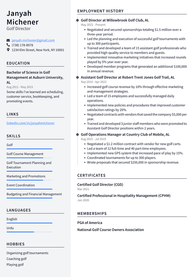 Golf Instructor Resume Example and Writing Guide - ResumeLawyer