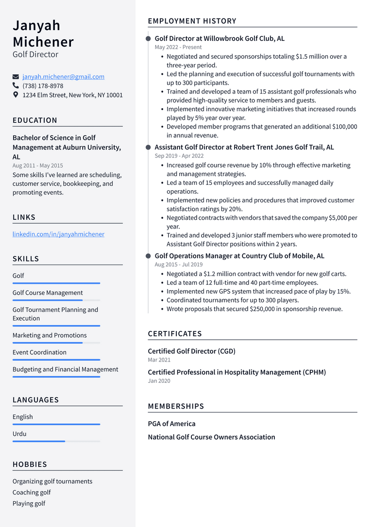 Golf Instructor Resume Example and Writing Guide - ResumeLawyer