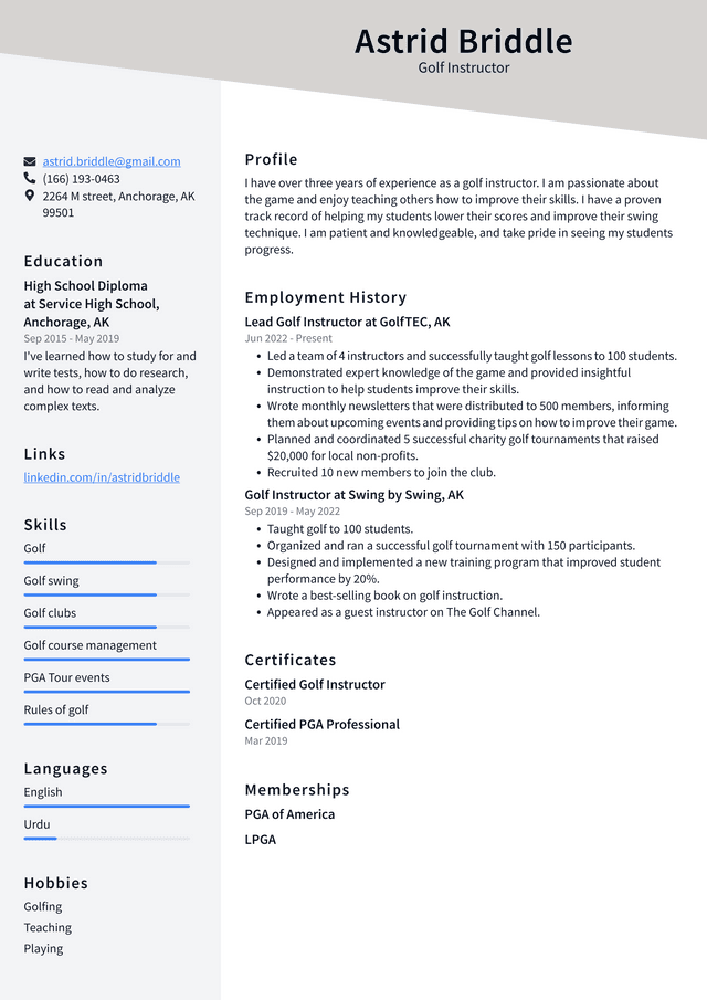 Golf Instructor Resume Example and Writing Guide - ResumeLawyer