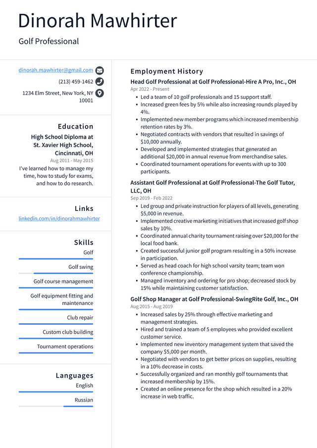 Golf Instructor Resume Example and Writing Guide - ResumeLawyer