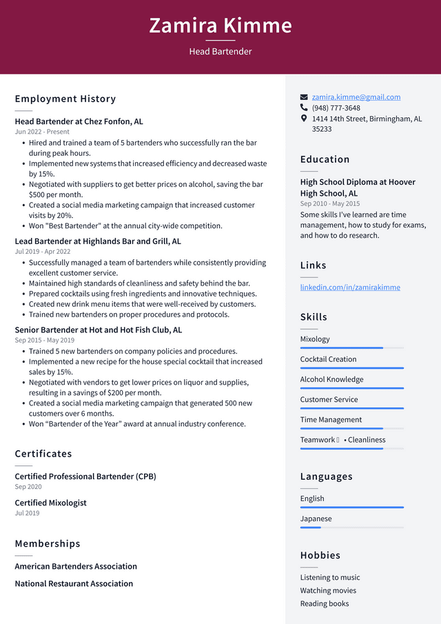Bartender Resume Example and Writing Guide - ResumeLawyer