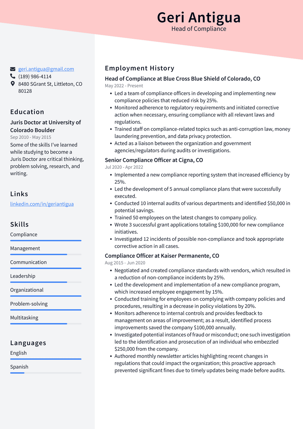 Compliance Officer Resume Example and Writing Guide - ResumeLawyer