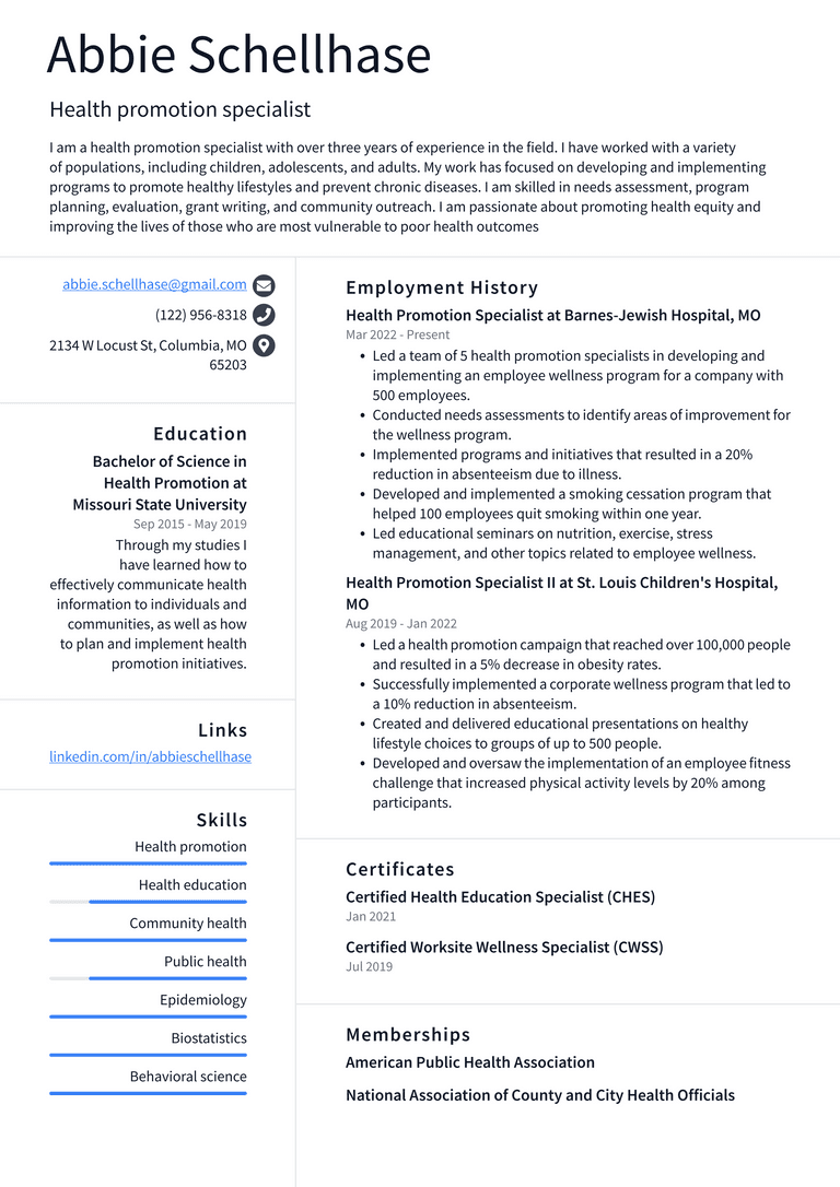 Health Educator Resume Example and Writing Guide - ResumeLawyer