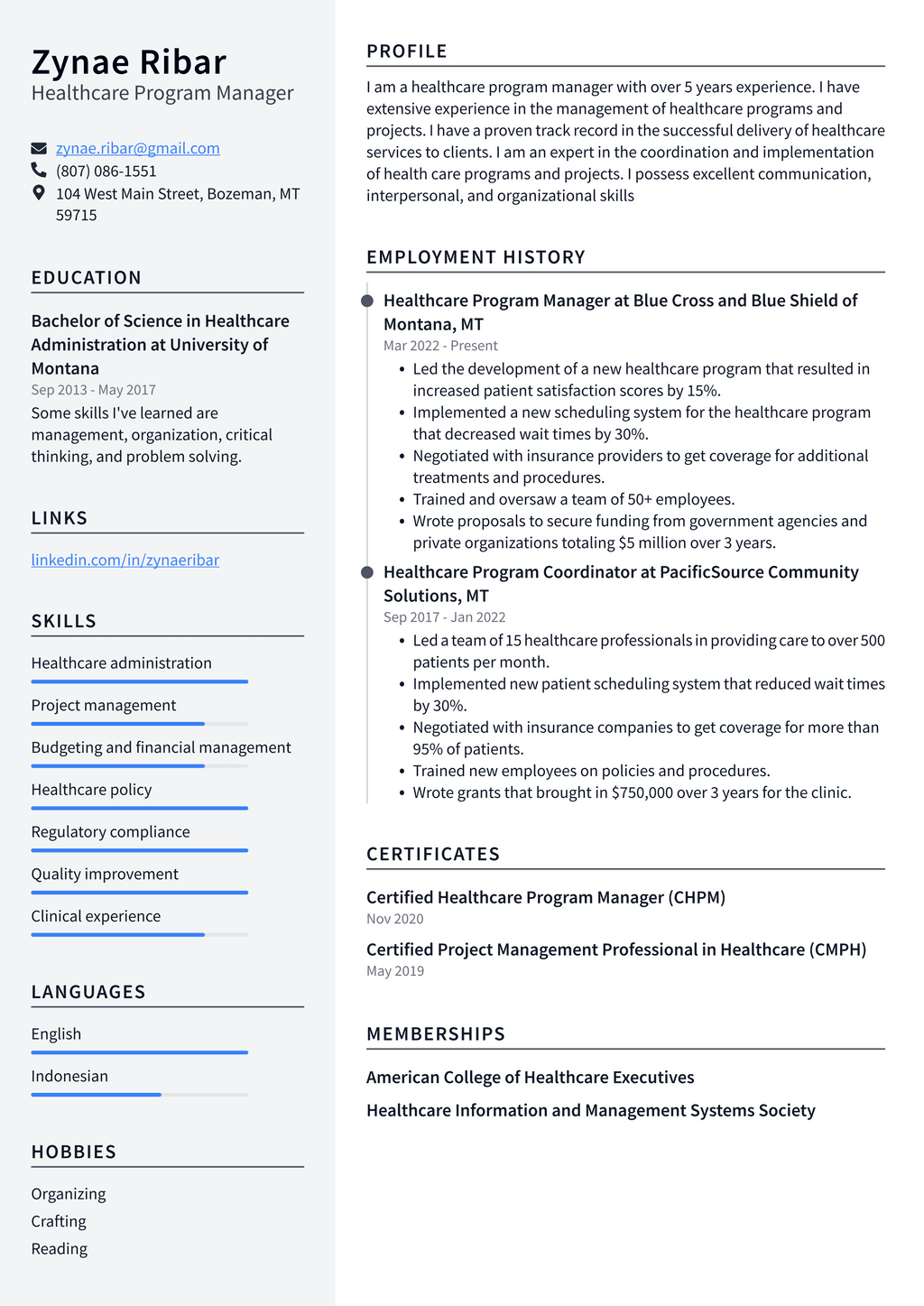 Healthcare Project Manager Resume Example and Writing Guide