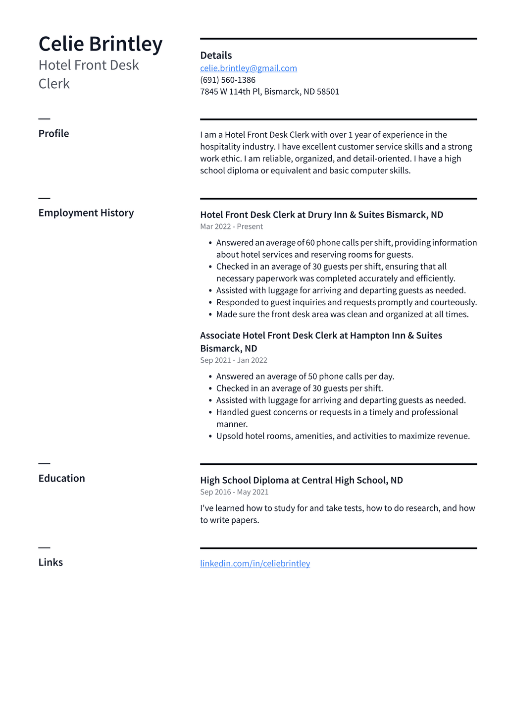Hotel Front Desk Employee Resume Example and Writing Guide - ResumeLawyer