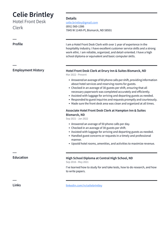 Hotel Front Desk Employee Resume Example and Writing Guide - ResumeLawyer