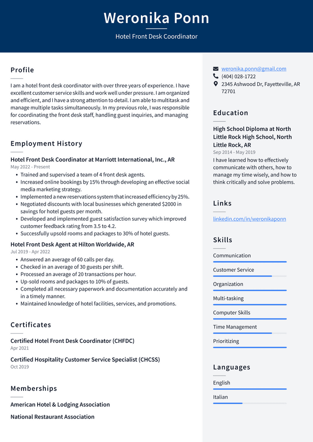 Hotel Front Desk Employee Resume Example and Writing Guide - ResumeLawyer