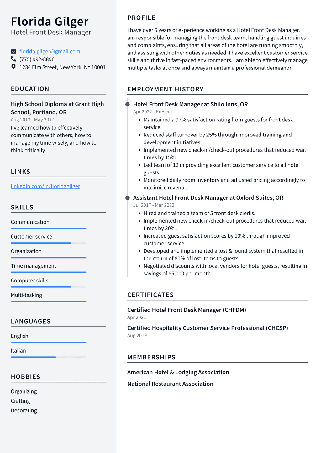 Hotel Front Desk Employee Resume Example and Writing Guide - ResumeLawyer