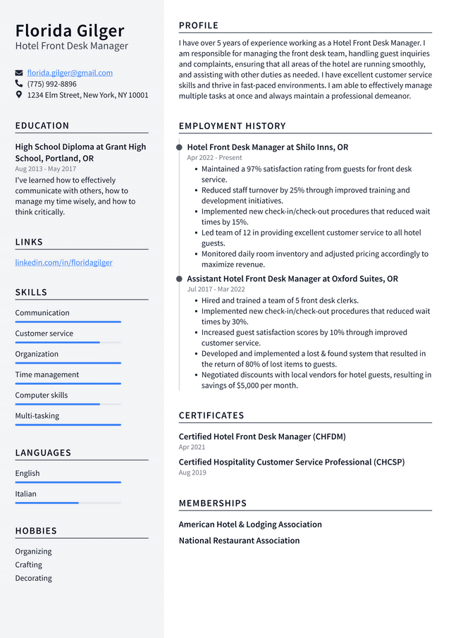 Hotel Front Desk Employee Resume Example and Writing Guide - ResumeLawyer