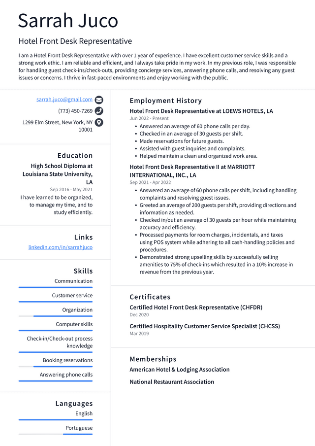 Hotel Front Desk Employee Resume Example and Writing Guide - ResumeLawyer