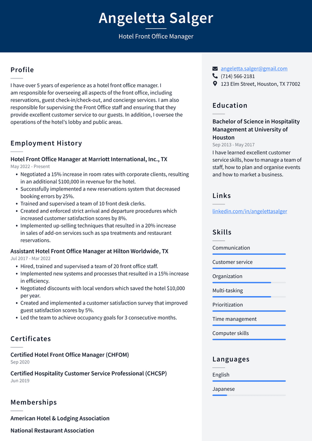 Hotel Management Resume Example and Writing Guide - ResumeLawyer