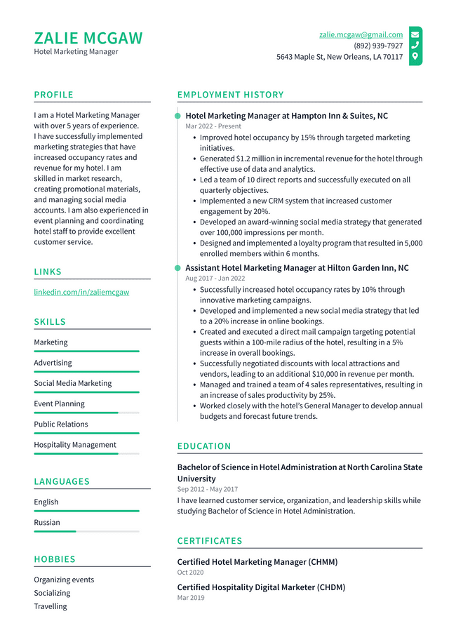 Hotel Management Resume Example and Writing Guide - ResumeLawyer
