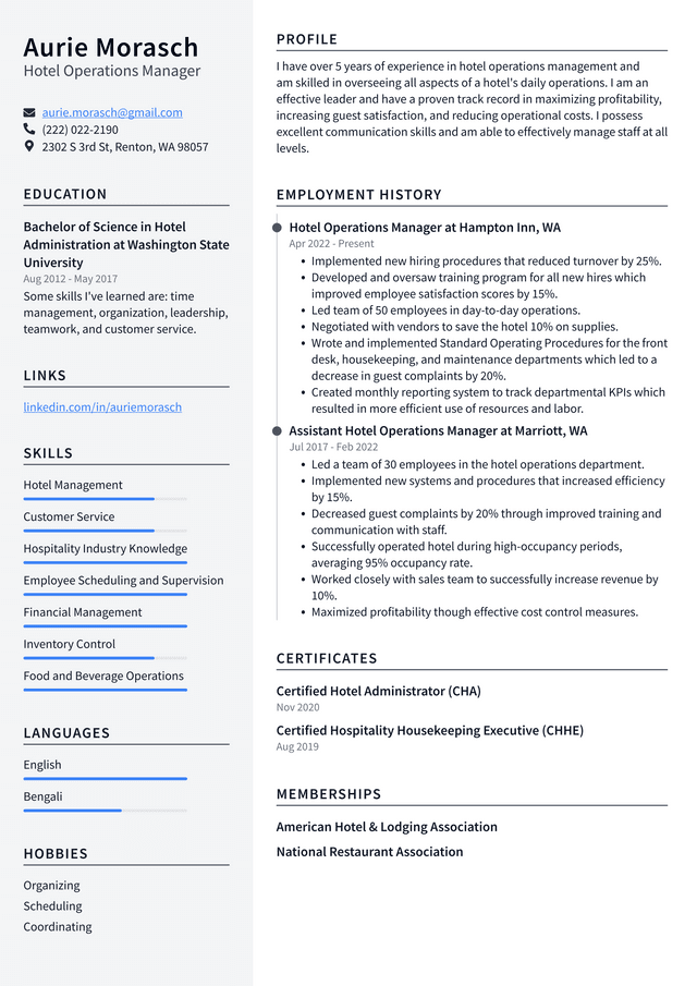 Hotel Management Resume Example and Writing Guide - ResumeLawyer
