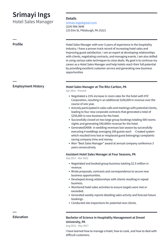 Hotel Management Resume Example and Writing Guide - ResumeLawyer