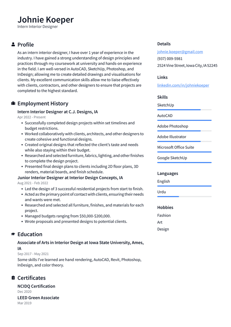 Interior Designer Resume Example and Writing Guide - ResumeLawyer