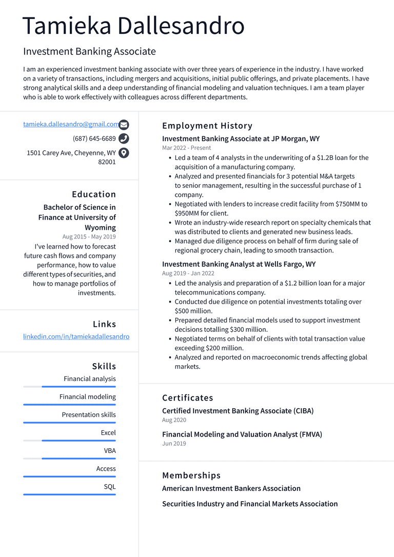 Investment Banker Resume Example and Writing Guide - ResumeLawyer