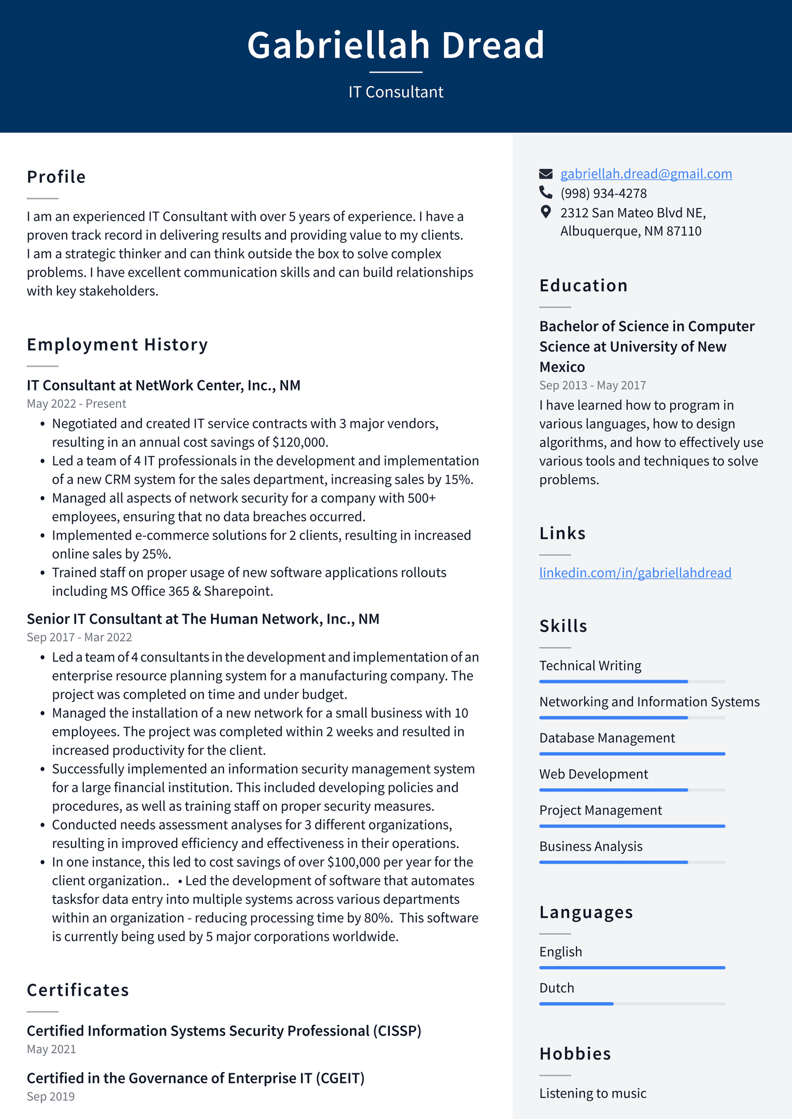 Consultant Resume Example and Writing Guide - ResumeLawyer