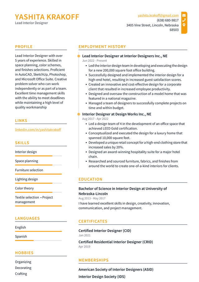Interior Designer Resume Example and Writing Guide - ResumeLawyer