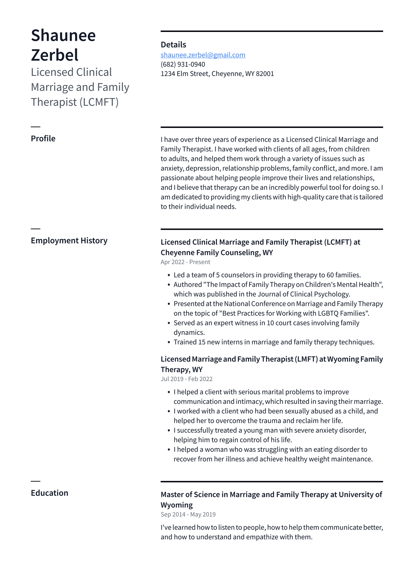 Marriage and Family Therapist Resume Example and Writing Guide