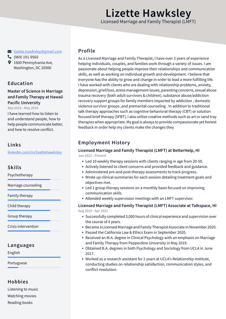 Marriage and Family Therapist Resume Example and Writing Guide