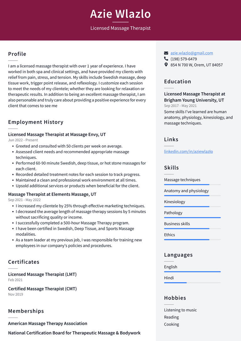 Massage Therapist Resume Example and Writing Guide - ResumeLawyer