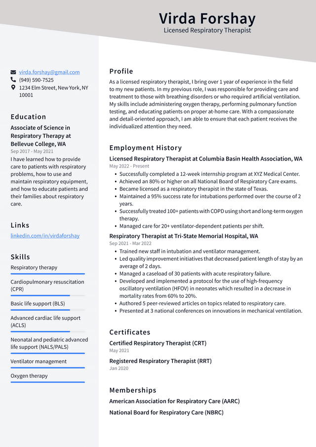 Respiratory Therapist Resume Example and Writing Guide