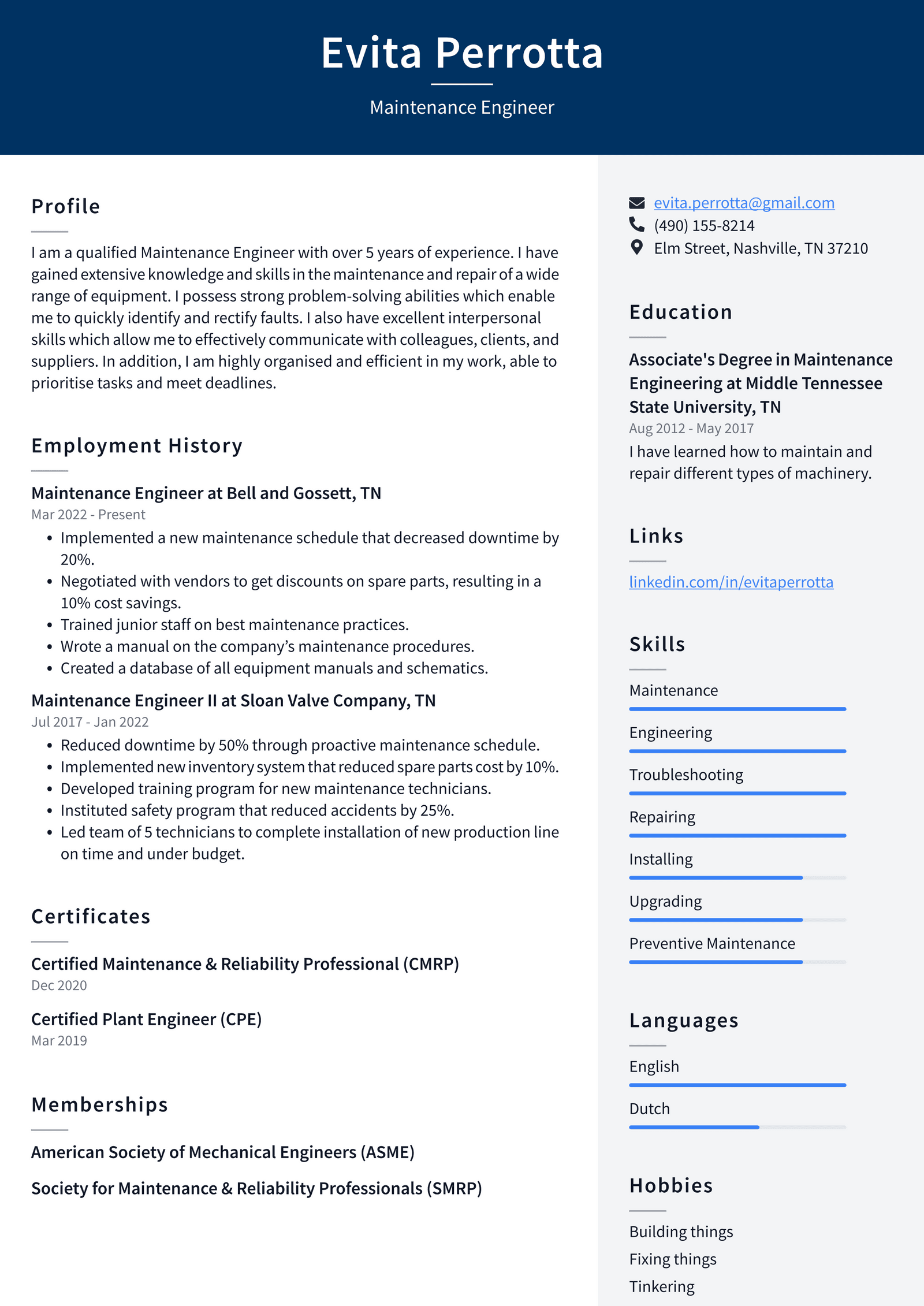 Maintenance and repair Resume Example and Writing Guide