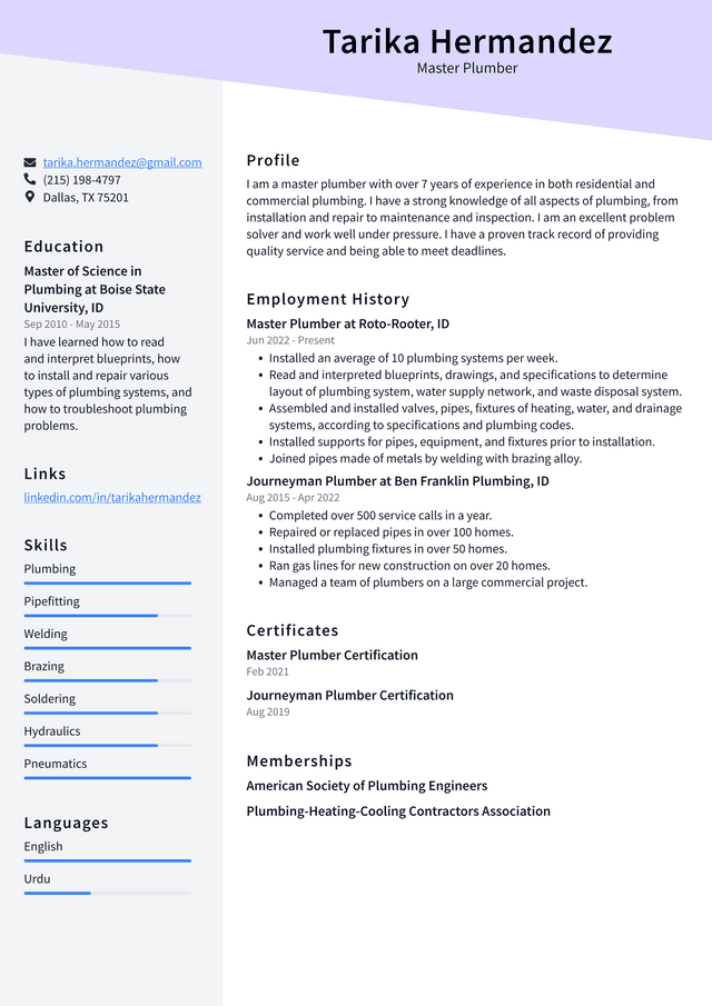 Plumber Resume Example and Writing Guide - ResumeLawyer