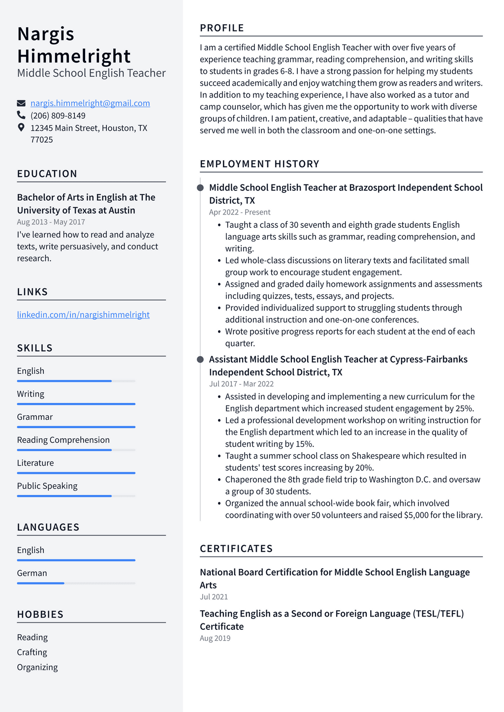 Middle School Teacher Resume Example and Writing Guide - ResumeLawyer