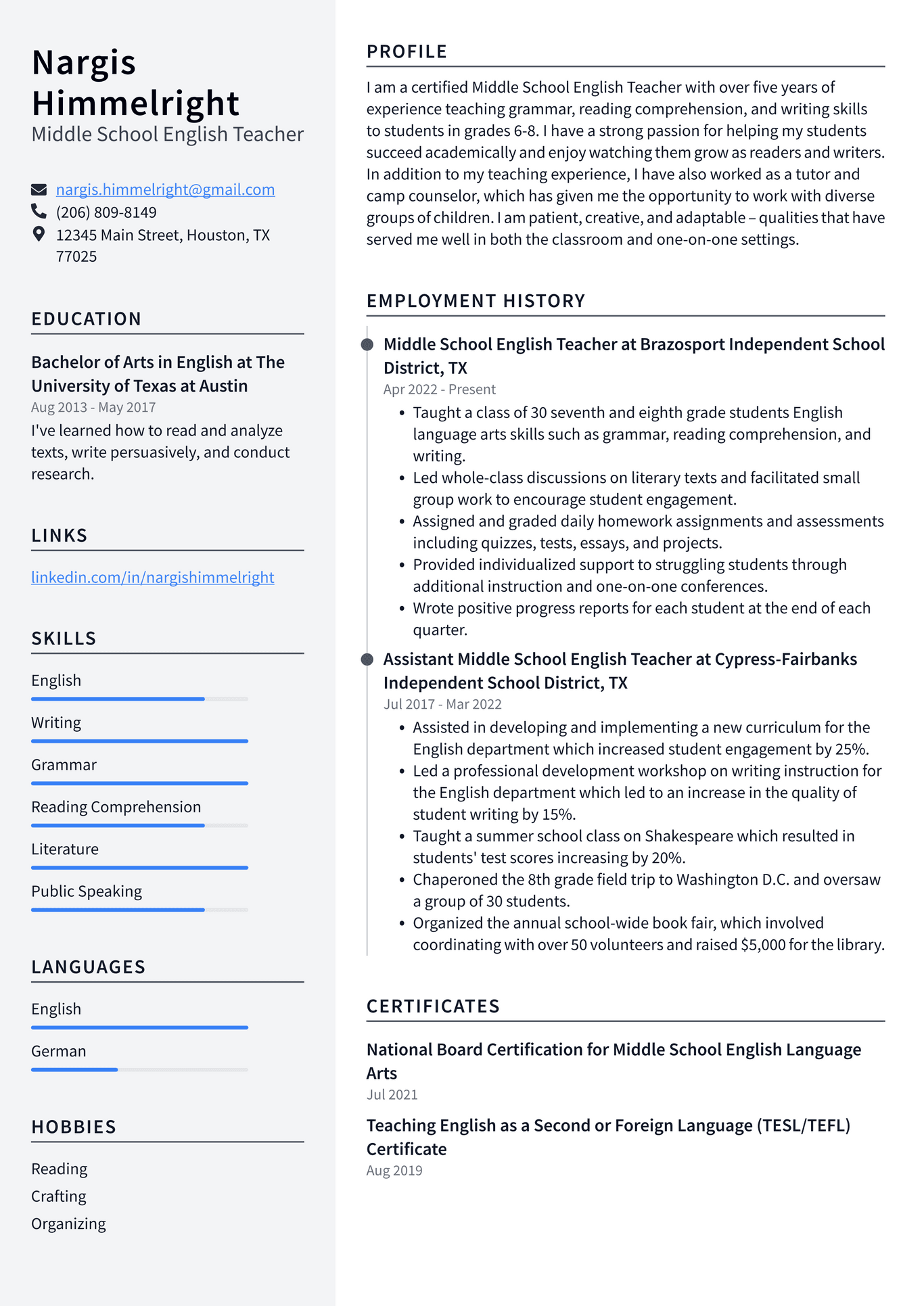 Middle School Teacher Resume Example and Writing Guide - ResumeLawyer