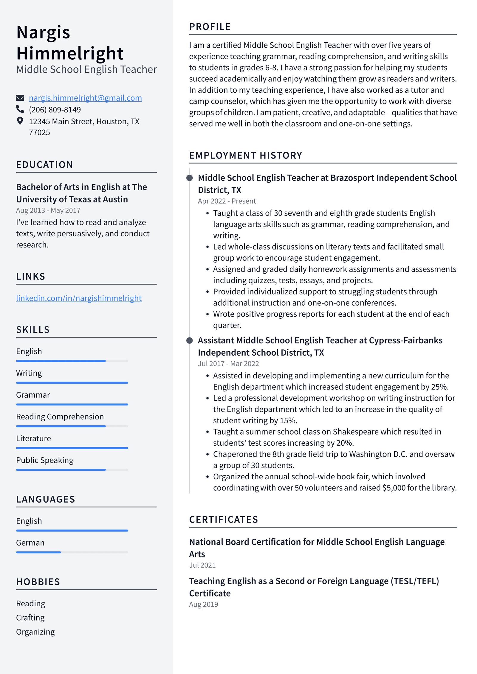 Middle School Teacher Resume Example and Writing Guide - ResumeLawyer