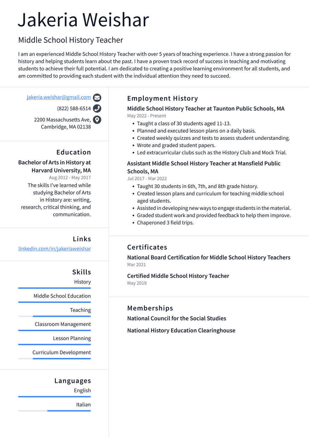 Middle School Teacher Resume Example and Writing Guide - ResumeLawyer