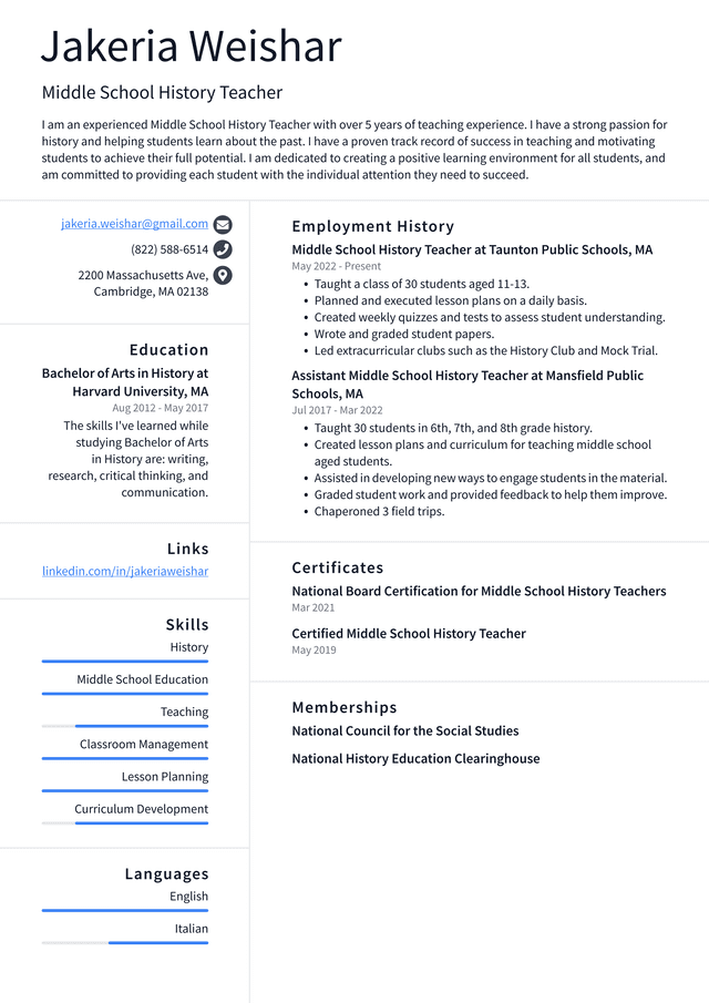 Middle School Teacher Resume Example and Writing Guide - ResumeLawyer