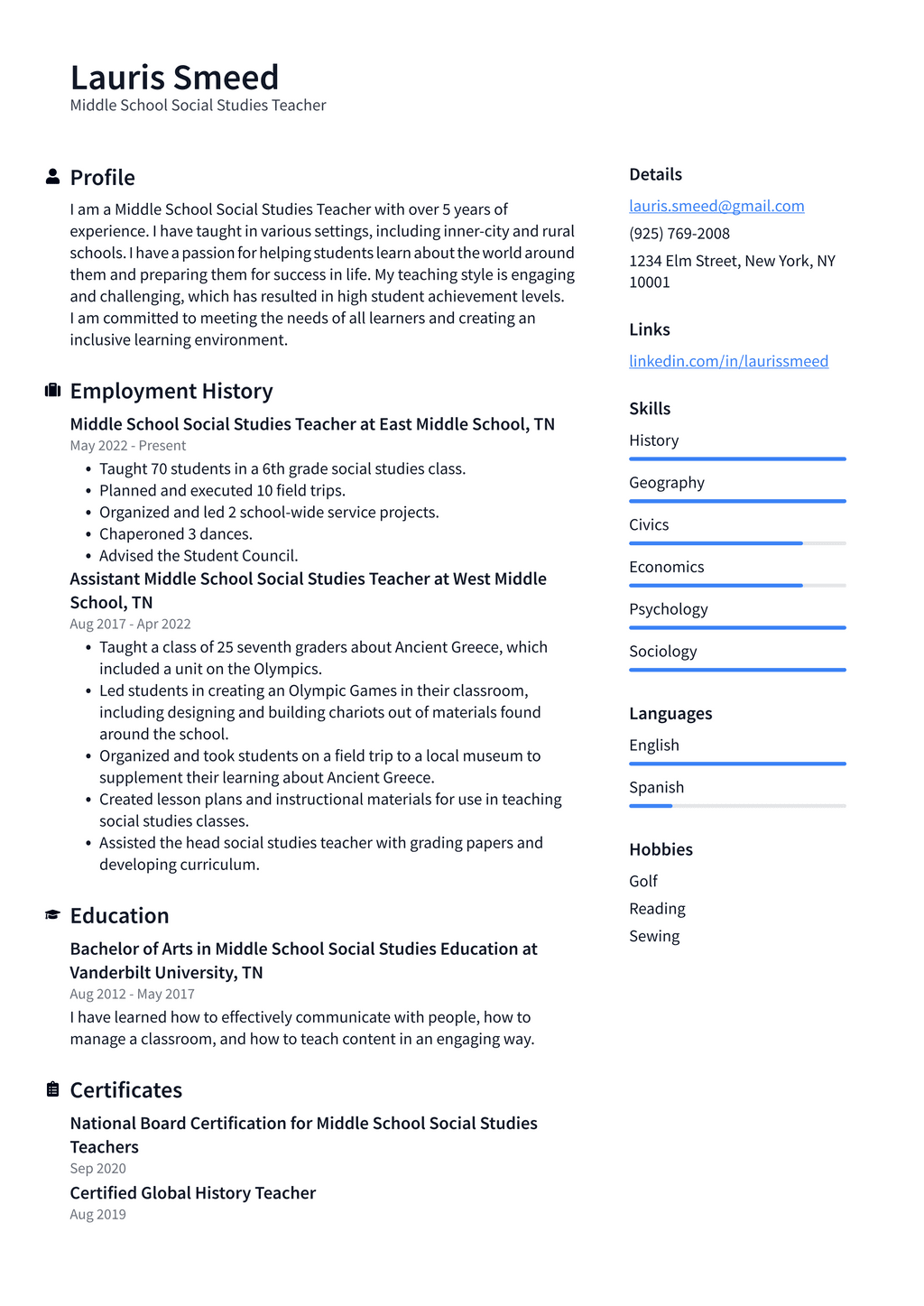 Middle School Teacher Resume Example and Writing Guide - ResumeLawyer