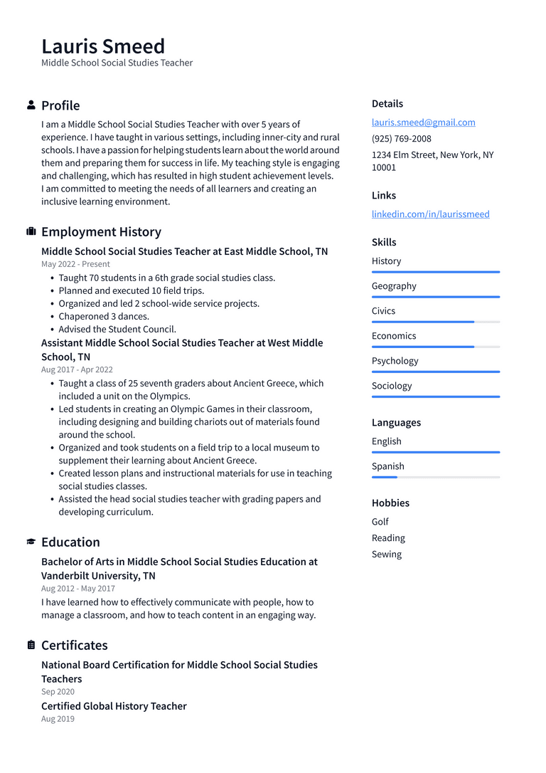 Middle School Teacher Resume Example and Writing Guide - ResumeLawyer