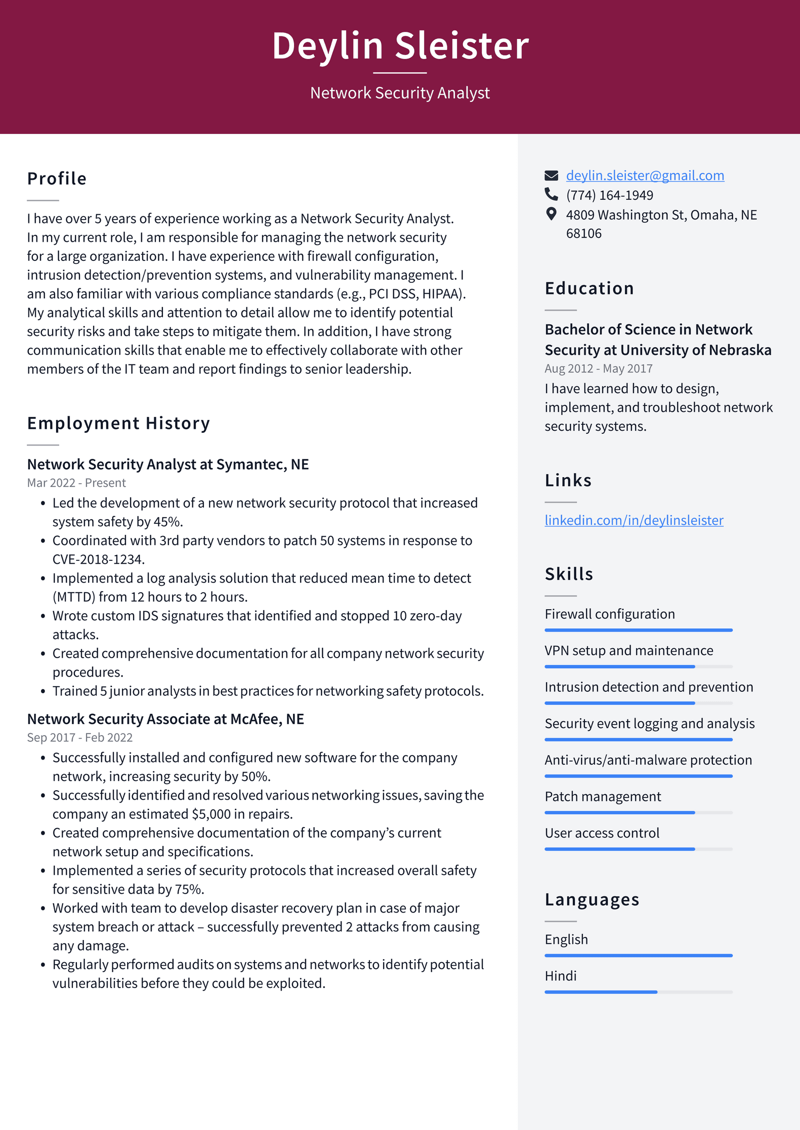 Network Systems Analyst Resume Example and Writing Guide