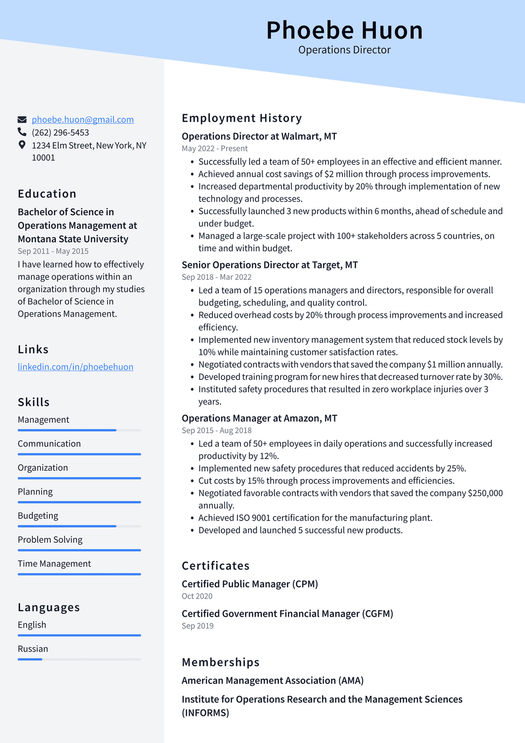 Operations Manager Resume Example and Writing Guide