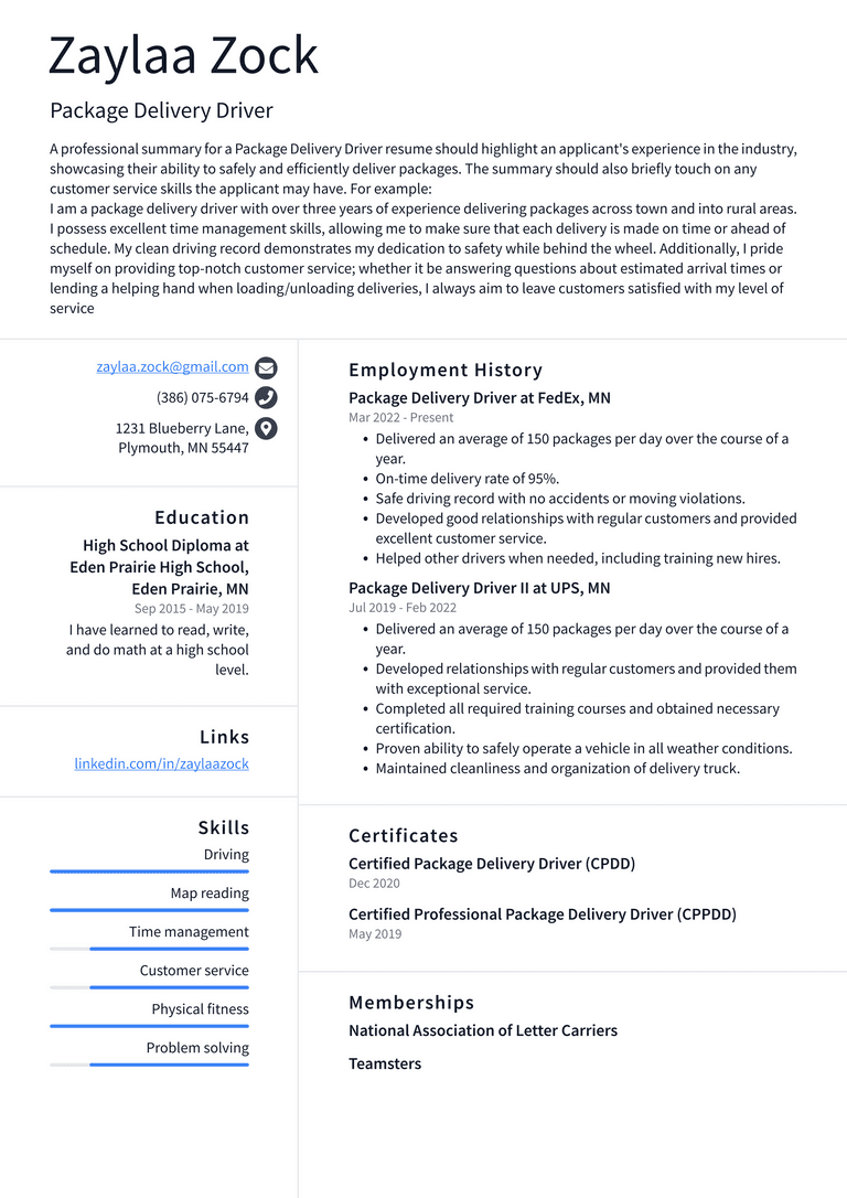 Delivery Driver Resume Example and Writing Guide - ResumeLawyer