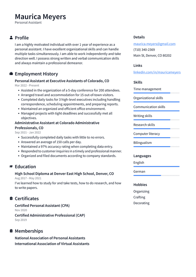 Personal Assistant Resume Example and Writing Guide - ResumeLawyer