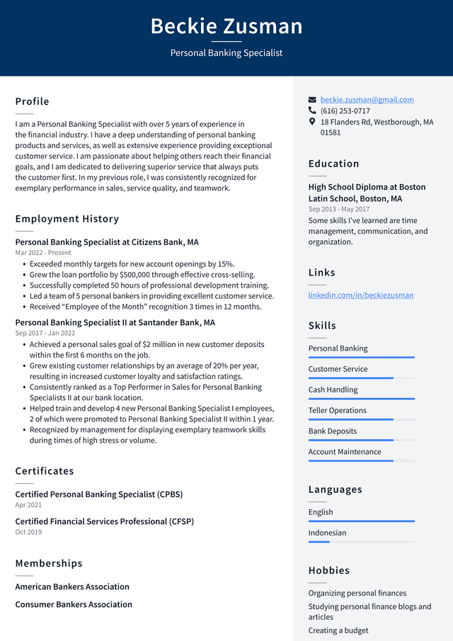 Personal Banker Resume Example and Writing Guide - ResumeLawyer