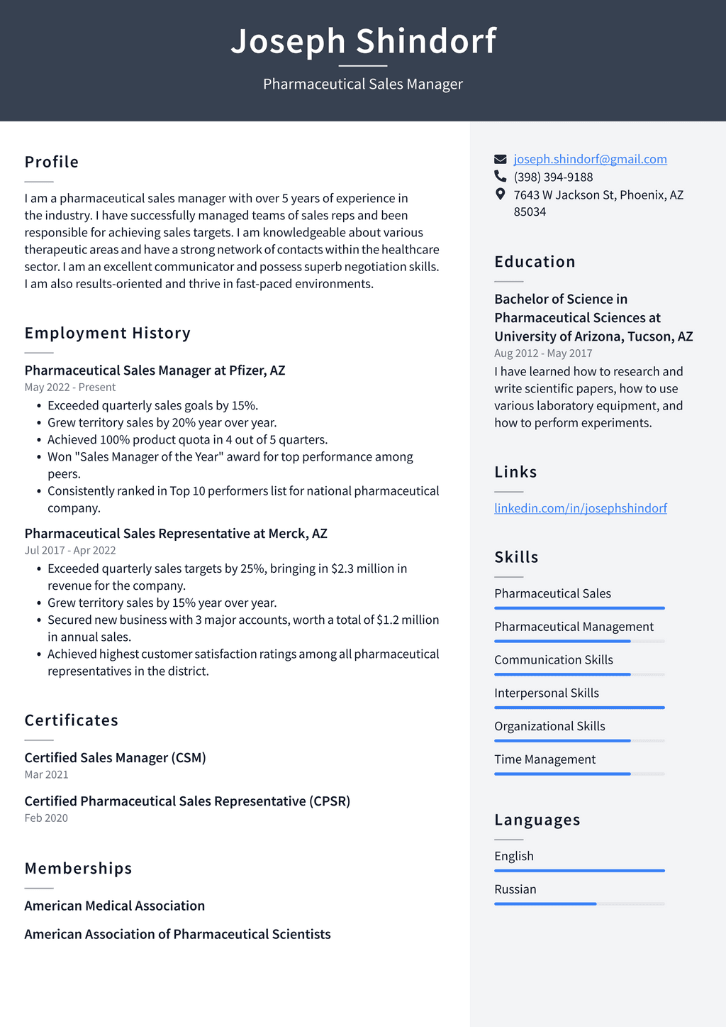 Pharmaceutical Sales Representative Resume Example and Writing Guide