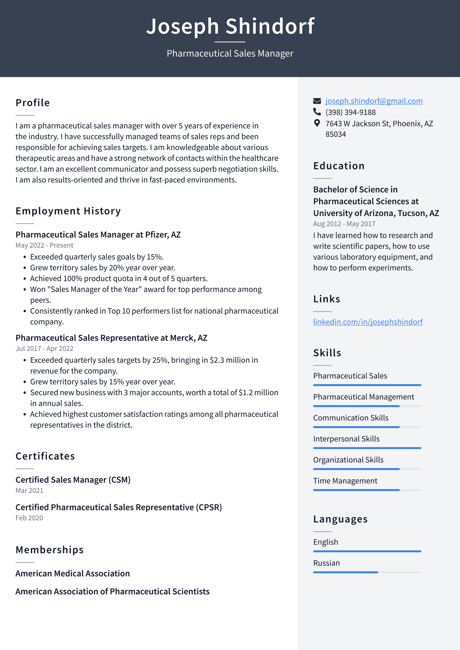 Pharmaceutical Sales Representative Resume Example and Writing Guide