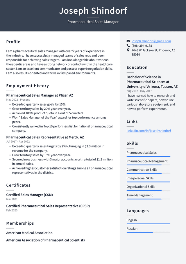 Pharmaceutical Sales Representative Resume Example and Writing Guide