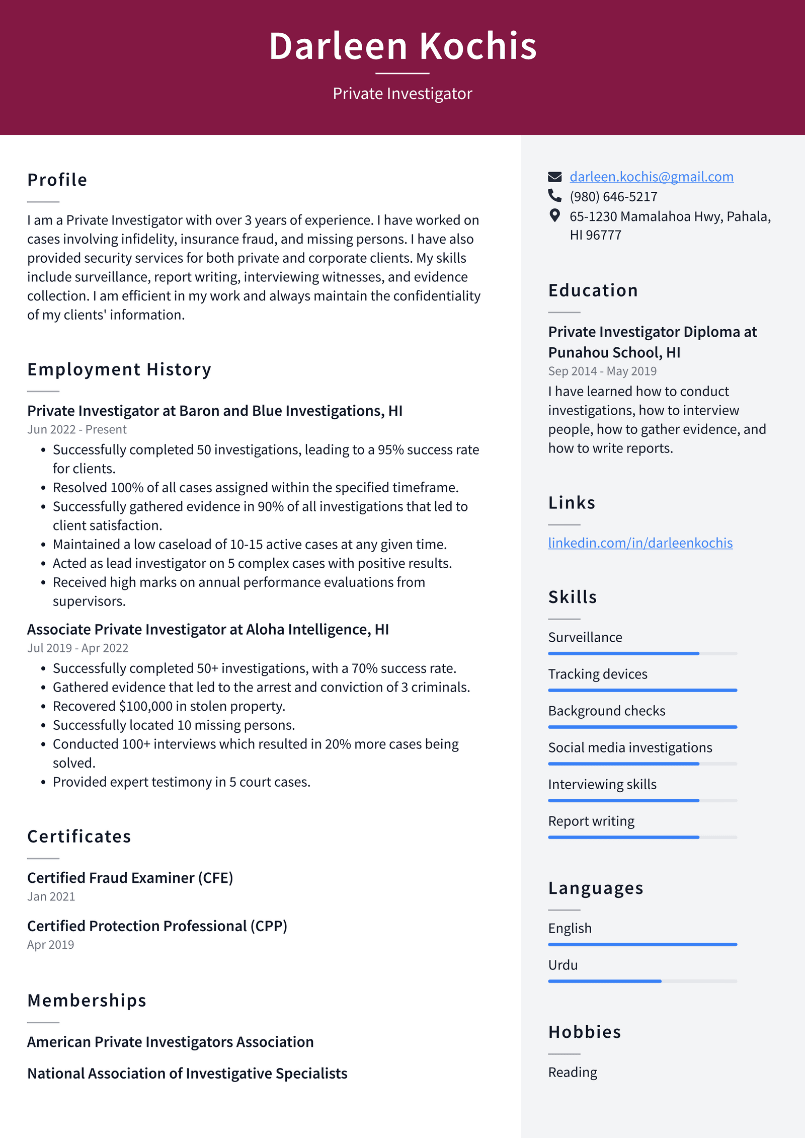 Security and protective services Resume Example and Writing Guide