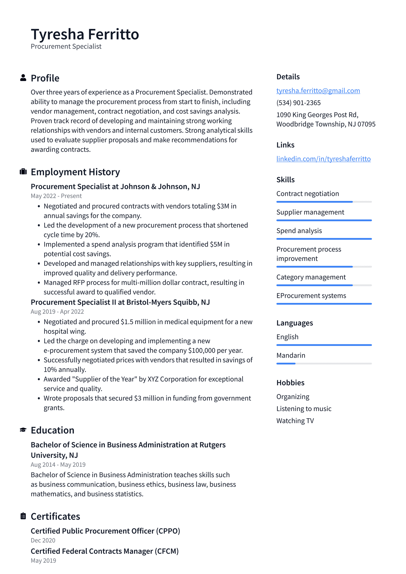 Procurement Manager Resume Example and Writing Guide