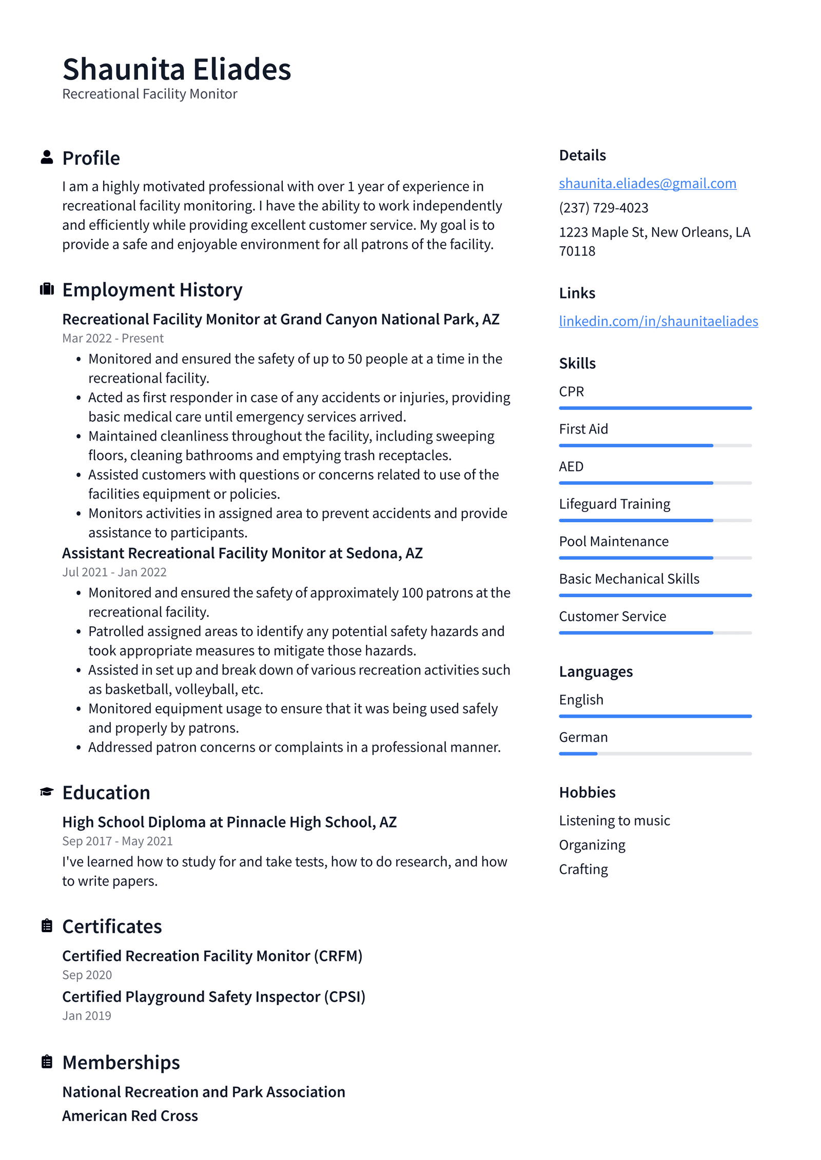 Recreational Facility Attendant Resume Example and Writing Guide