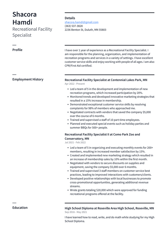 Recreational Facility Attendant Resume Example and Writing Guide