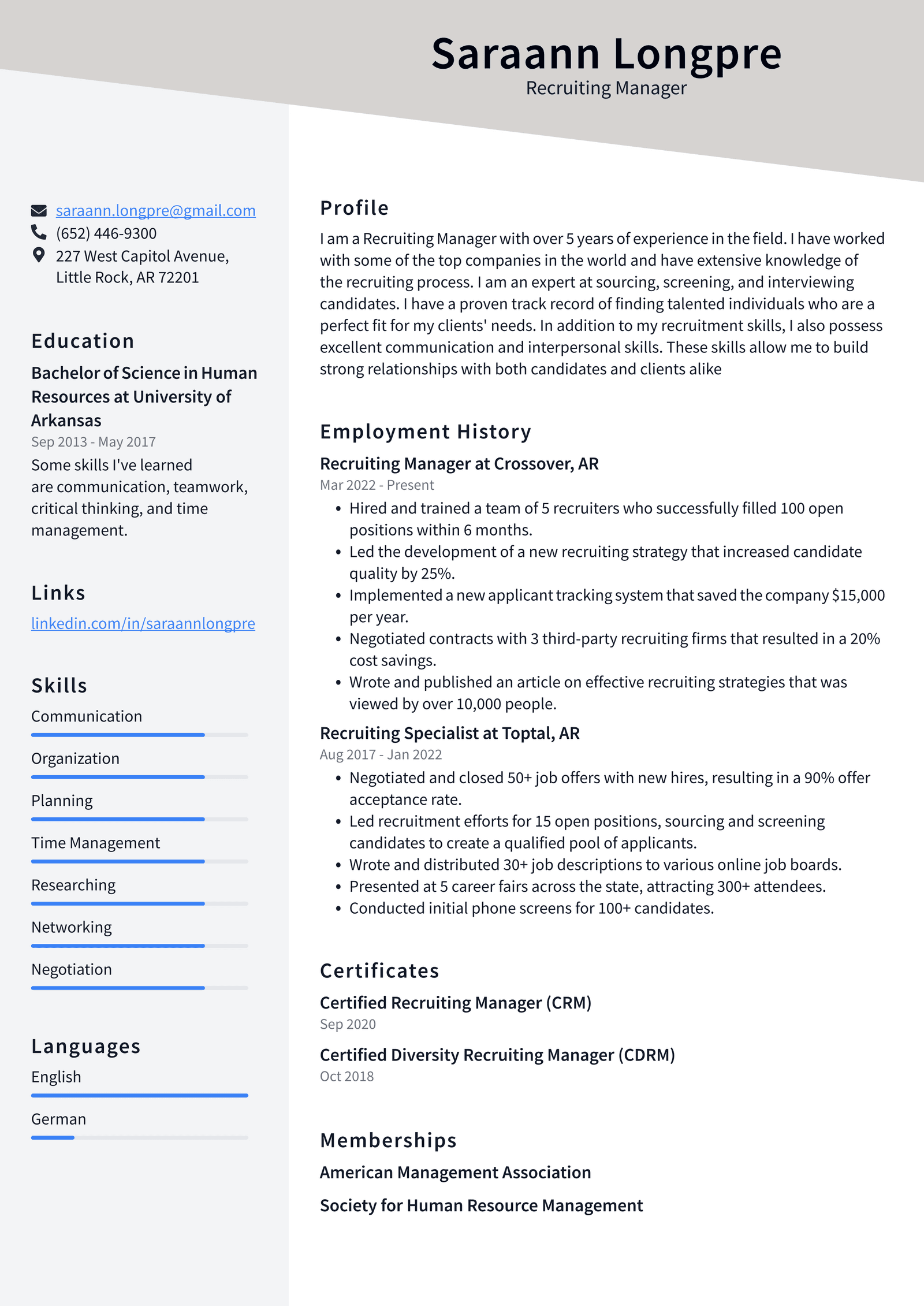 Recruiter Resume Example and Writing Guide - ResumeLawyer