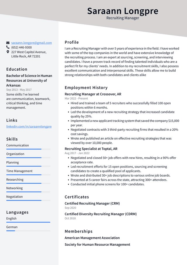 Recruiter Resume Example and Writing Guide - ResumeLawyer
