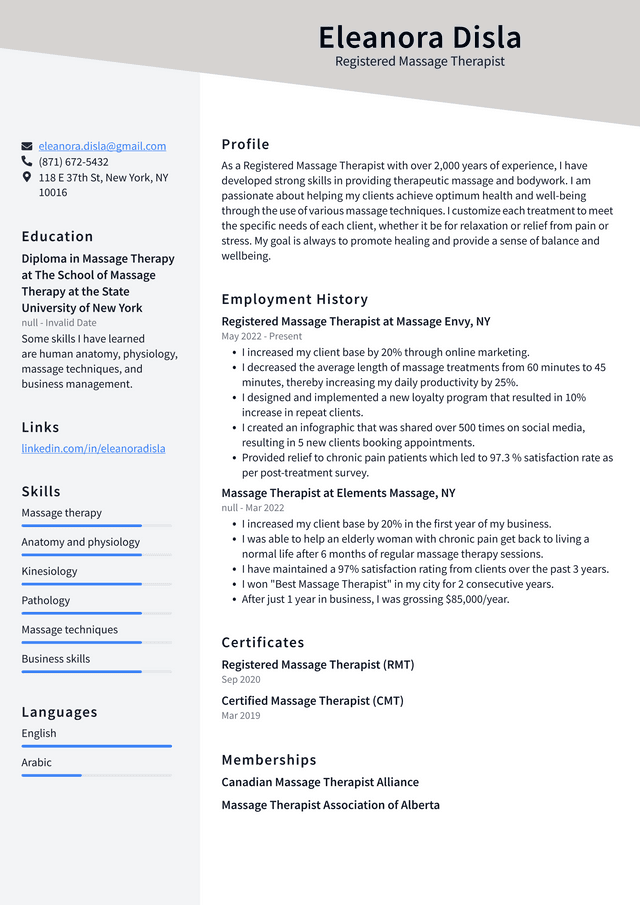 Massage Therapist Resume Example and Writing Guide - ResumeLawyer